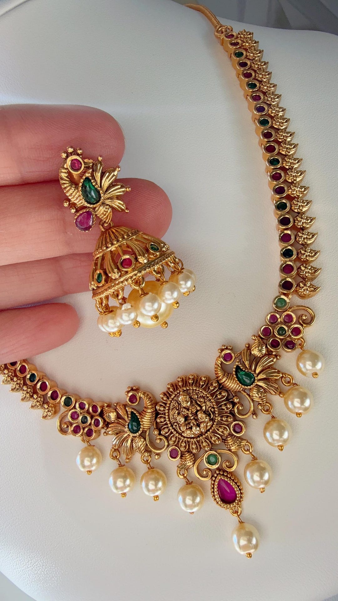 Temple Antique Ruby Green Gold Necklace /guttapusalu Peacock Necklace ...