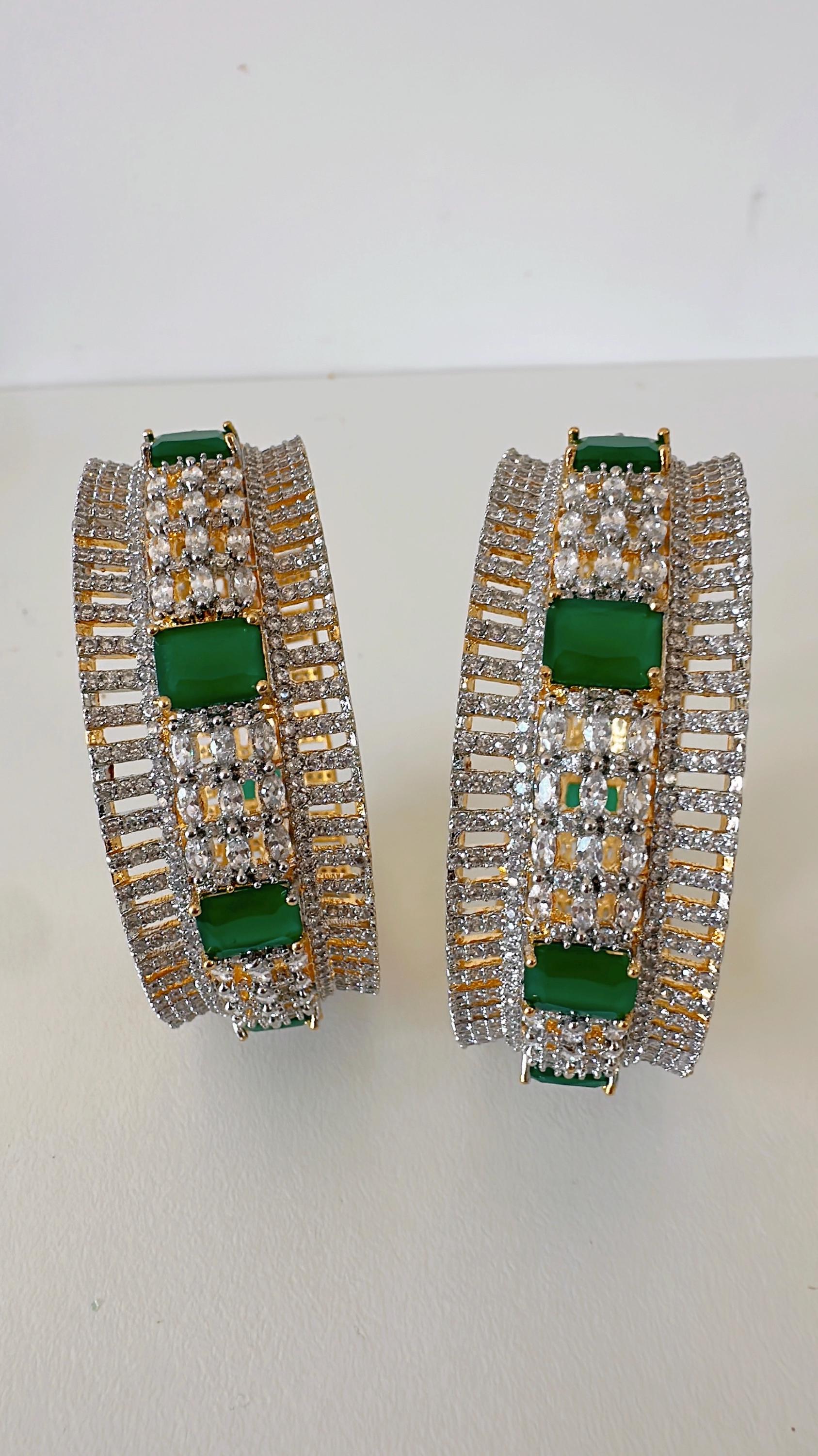 2 Tone Gold American Diamond Emerald Wide Kada Bangle/ Cz 2 Tone Gold American Diamond Emerald Wide Kada Bangle/ Cz