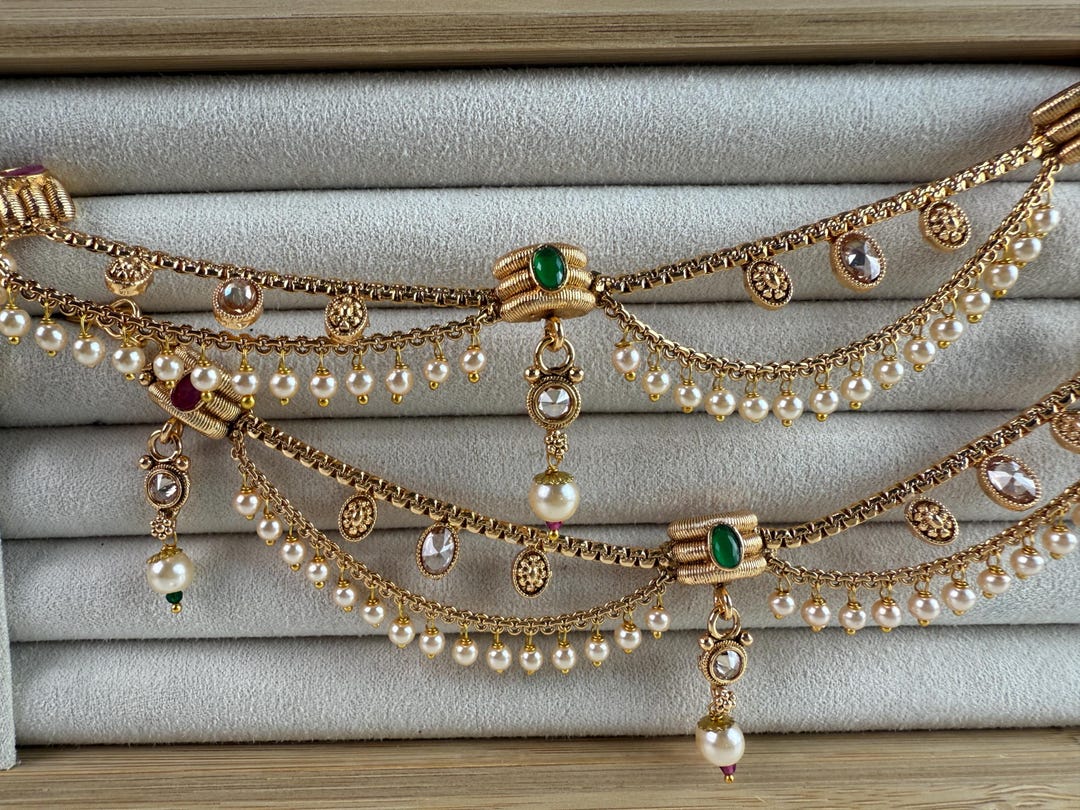 Gold Plated Ruby Green Pearl Ear Chain/sahare/earring Support Chain/kaan Sahara//pakistani ...