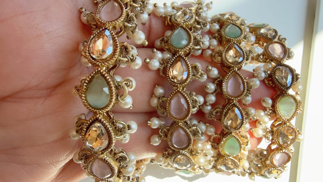 Mint Pink Kundan Bangles/polki Kundan Pearl Bangles Set(4 Pc) /indian ...