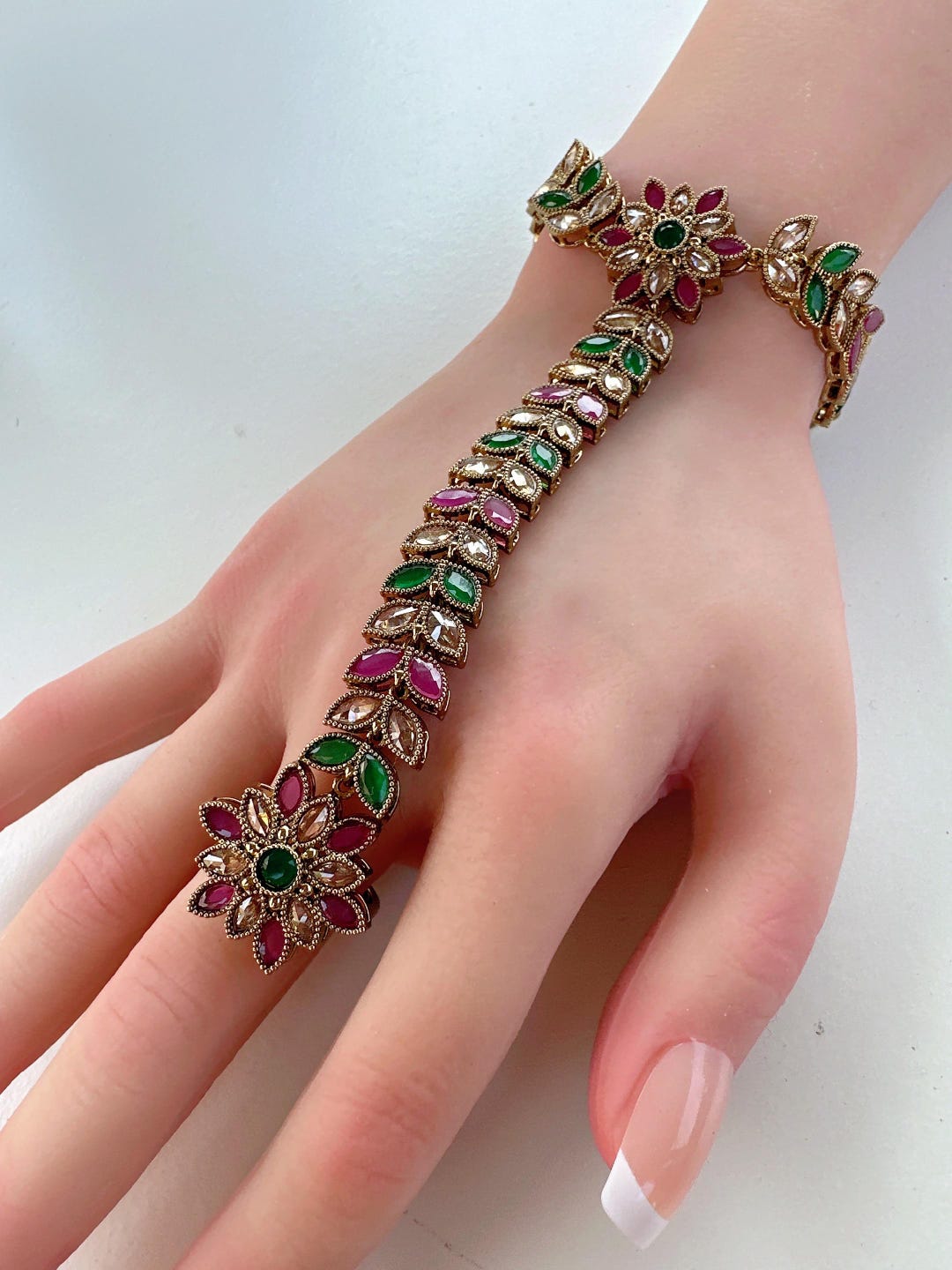 Ruby Green Polki Pearl Kundan Hath Paan Single /hand Harness/indian Jewelry/hand Jewelry/haath ...