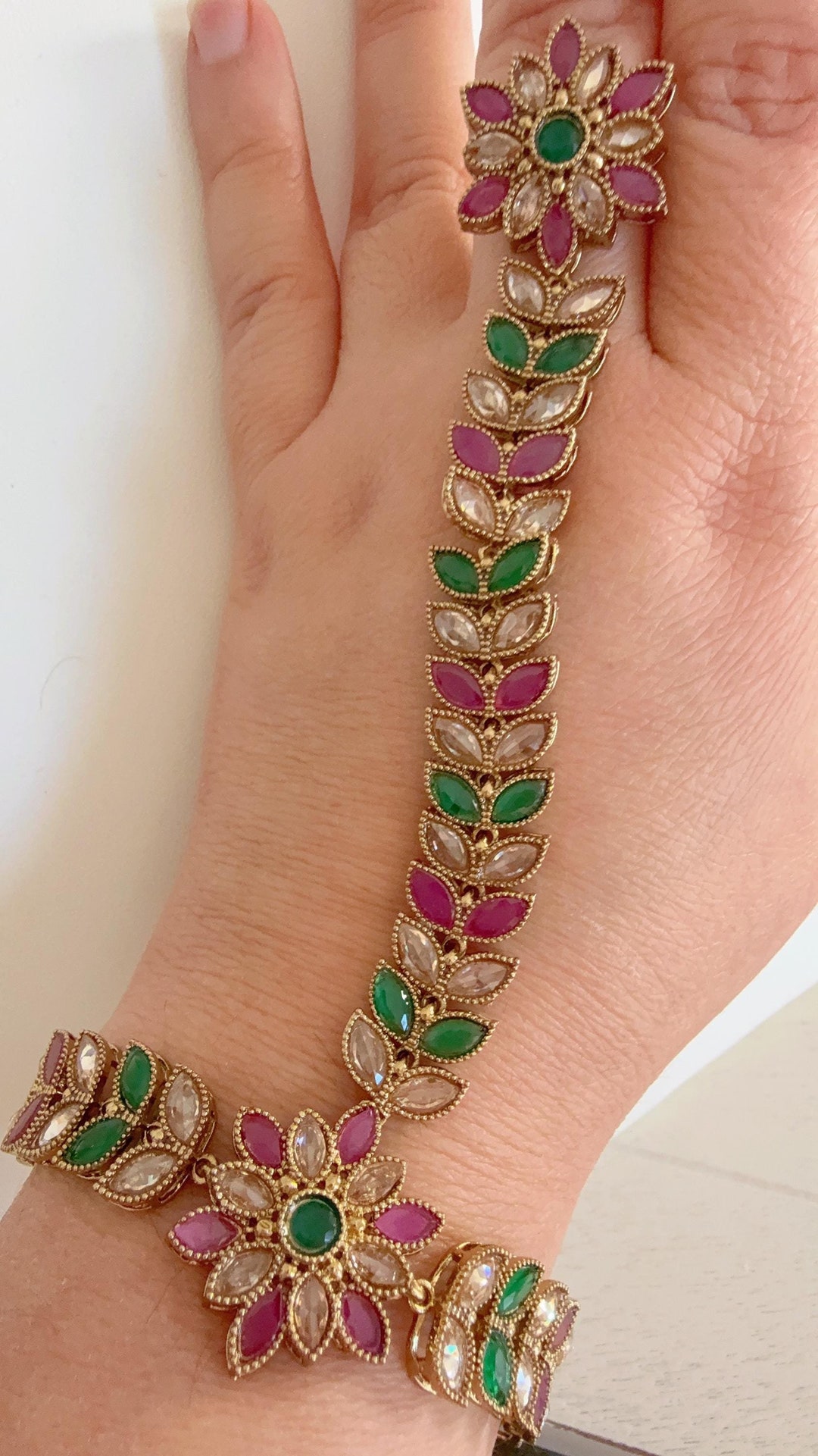 Ruby Green Polki Pearl Kundan Hath Paan Single /hand Harness/indian Jewelry/hand Jewelry/haath ...