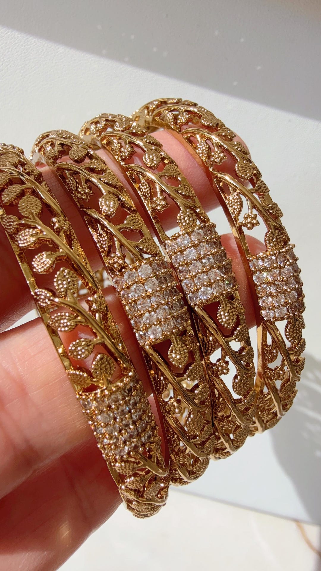 Antique Gold Diamond Bangles /flower Design Real Gold Look Like Bangle ...