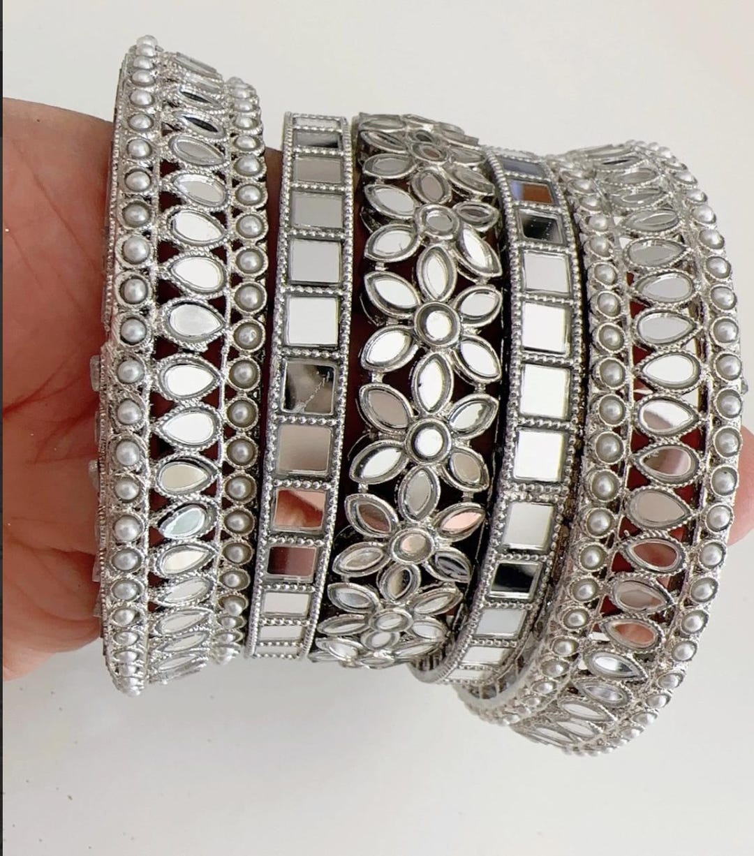 Punjabi Mirror Chuda Silver Bangles Set/punjabi Mirror Silver Bangles Set/kangans/statement ...
