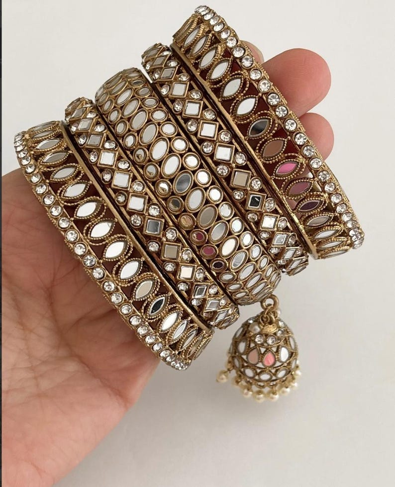 Punjabi Mirror Chuda Bangles Set/punjabi Mirror Jhumka Bangles Set/kangans/statement Bangles ...