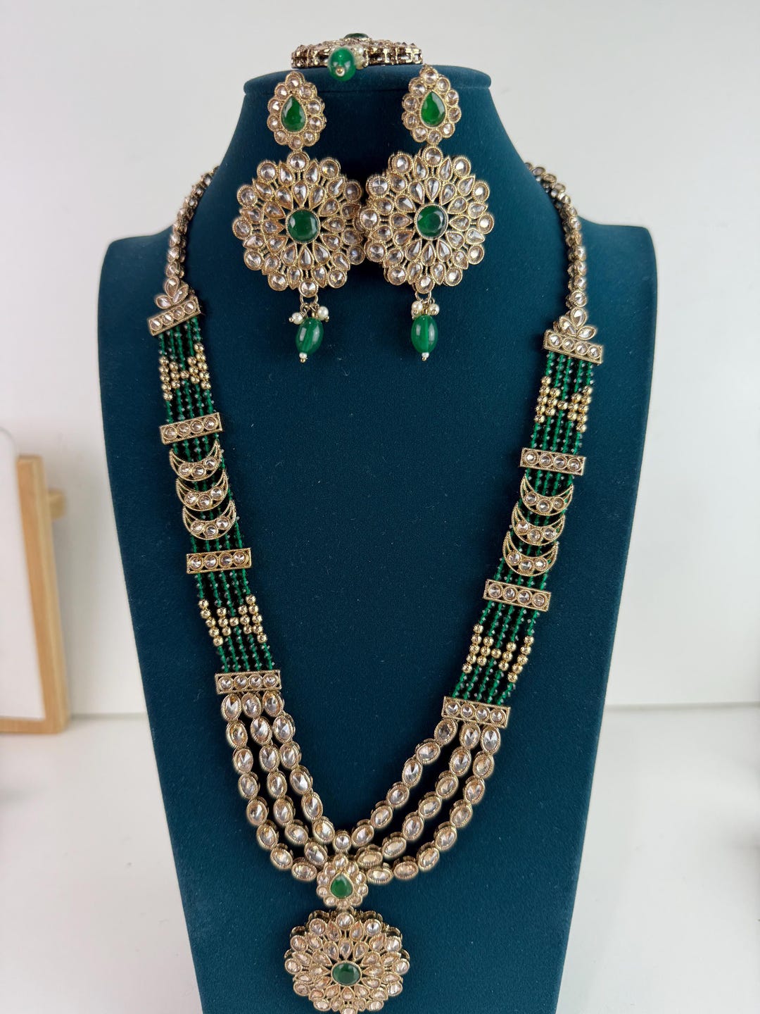 Long Kundan Polki Necklace Set With Earrings and Tikka /kundan Green ...