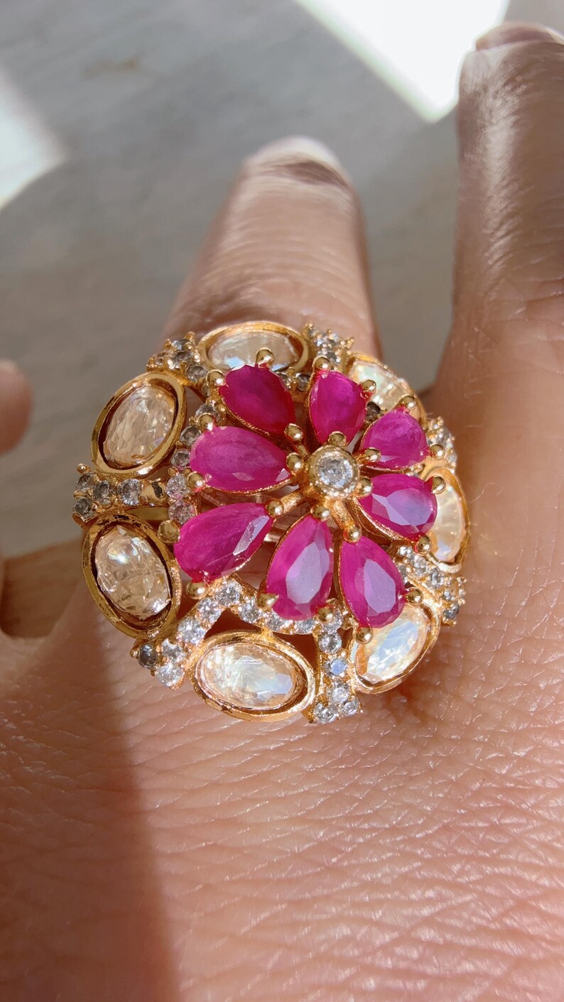 Ruby Cocktail Ring/bridal Kundan Moissanite Diamond Ring/adjustable ...