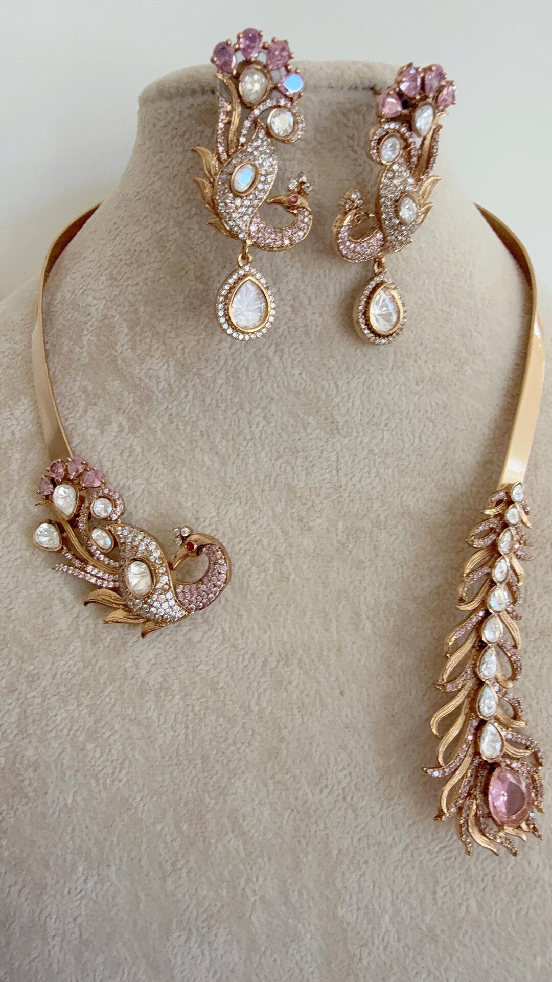 Moissanite Baby Pink Hasli Necklace Set With Earrings/diamond Peacock ...