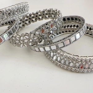 Punjabi Mirror Chuda Silver Bangles Set/punjabi Mirror Silver Bangles Set/kangans/statement ...