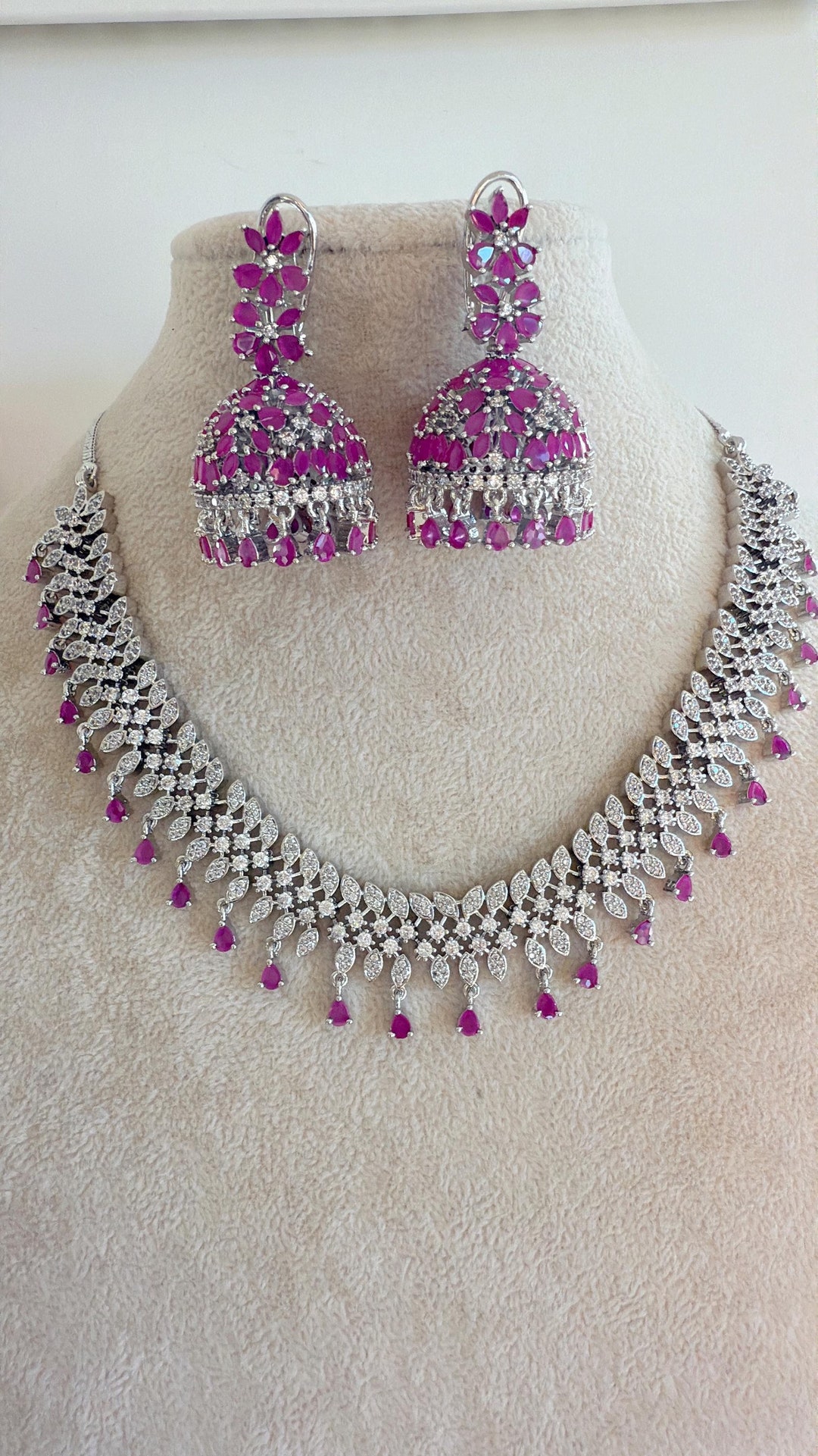 Ruby CZ Diamond Necklace /indian Jewelry/ CZ Bridal Necklace/bridal ...