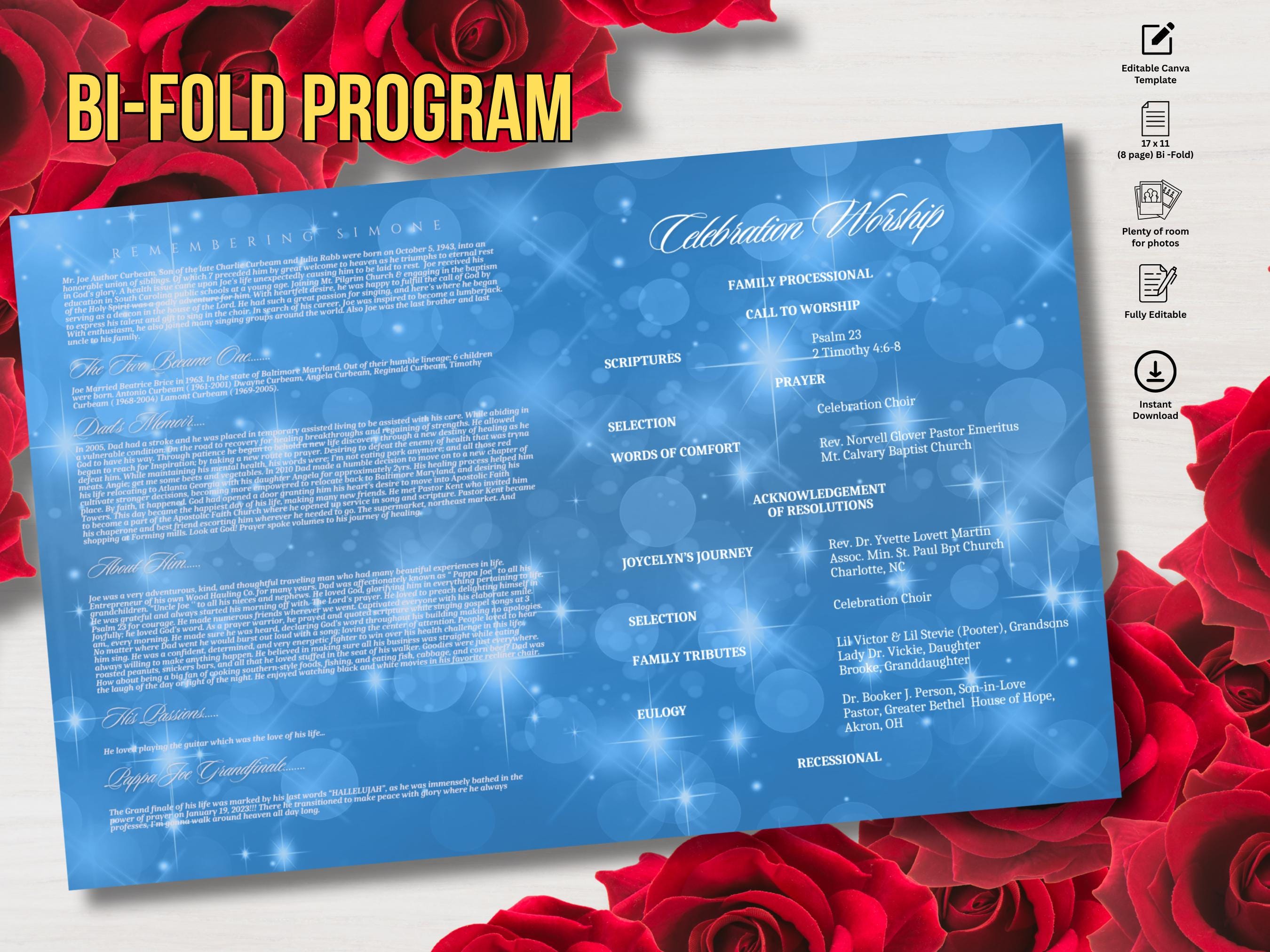 Blue & Silver Funeral Program Template: Celebration of Life (canva, 8 ...