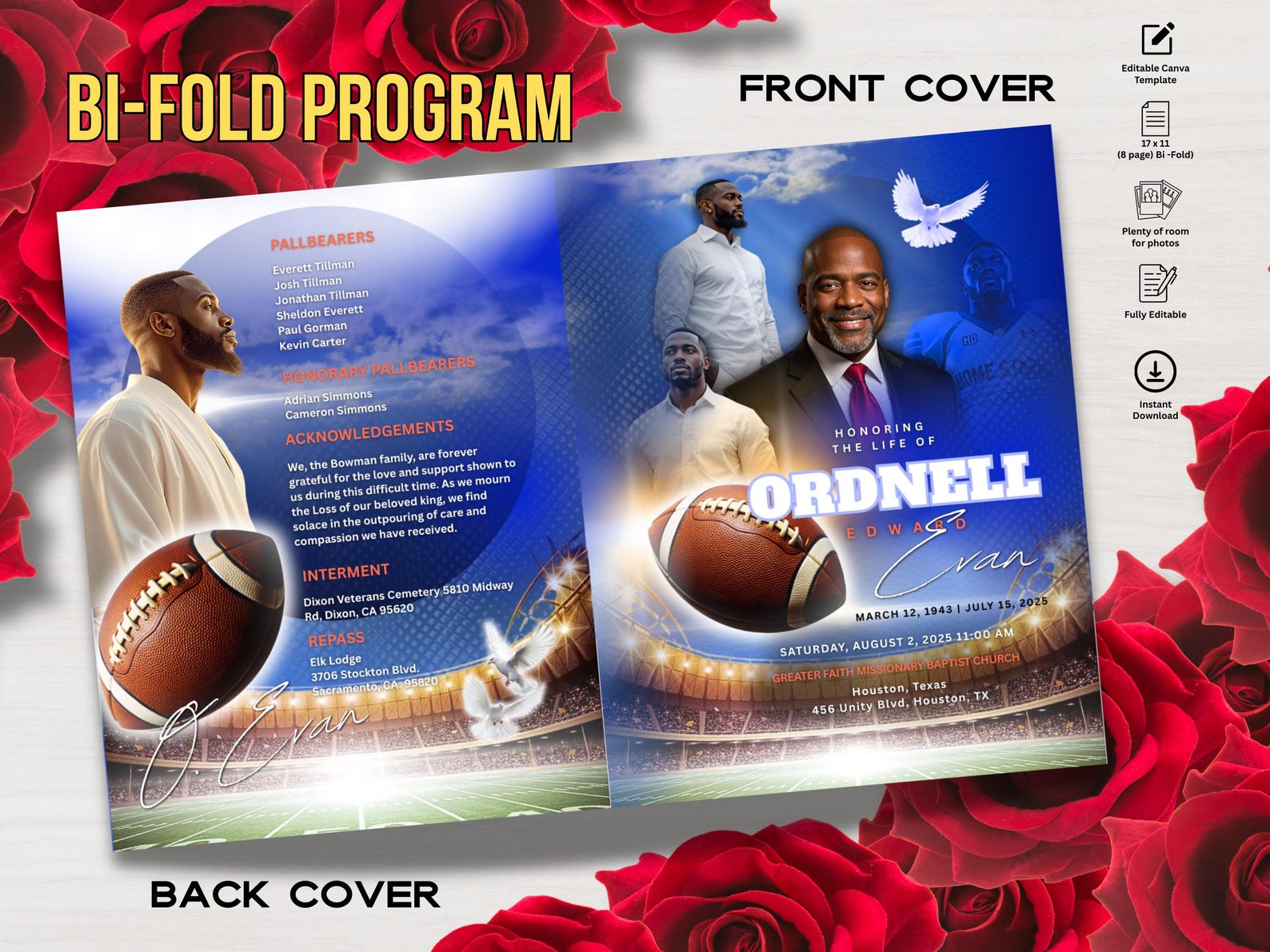 Blue Football Funeral Program Template: Celebration of Life (8.5x11 ...