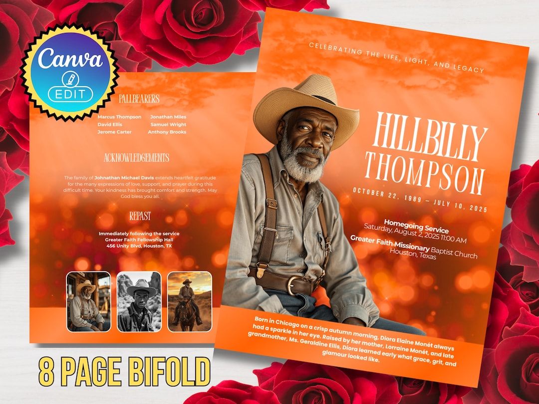 Orange Funeral Program Template: Celebration of Life (8.5x11, 8 Page ...