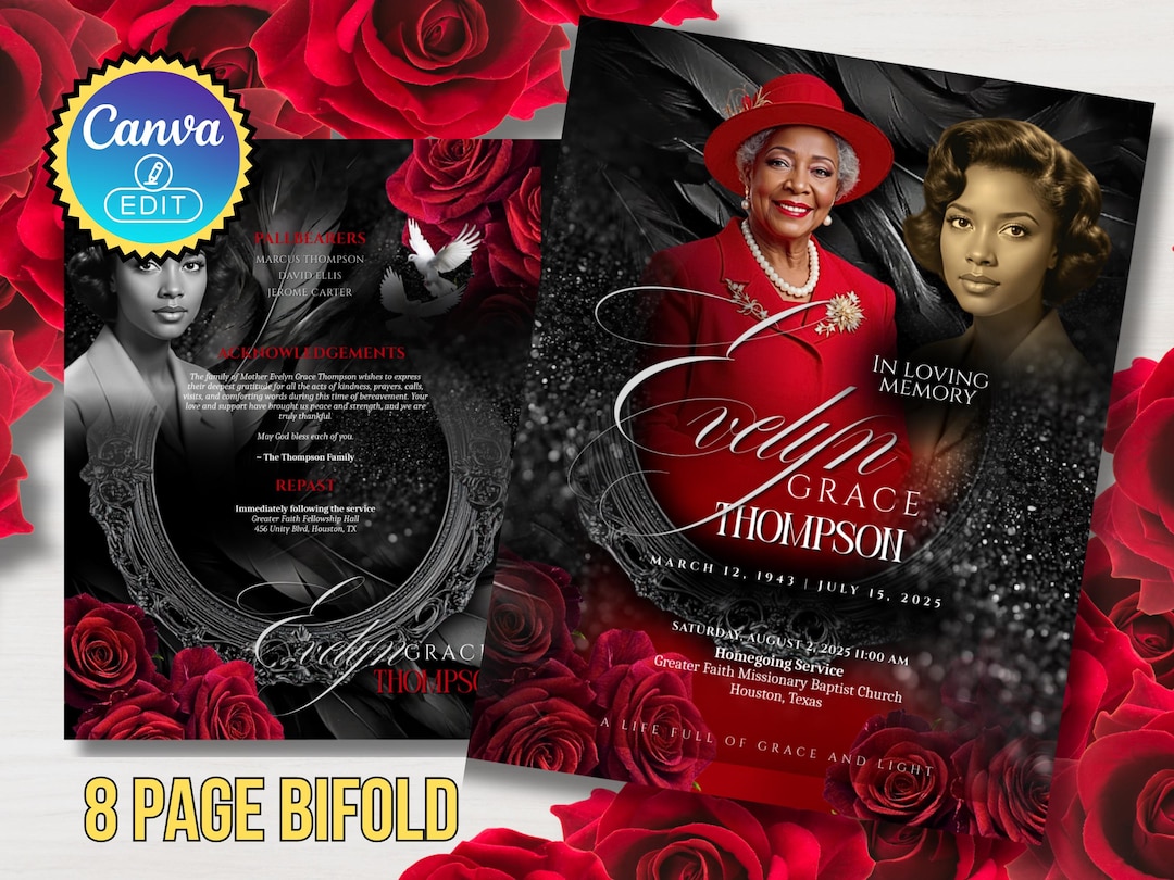 Black & Red Funeral Program Template: Canva Obituary (8.5x11, 8-page ...