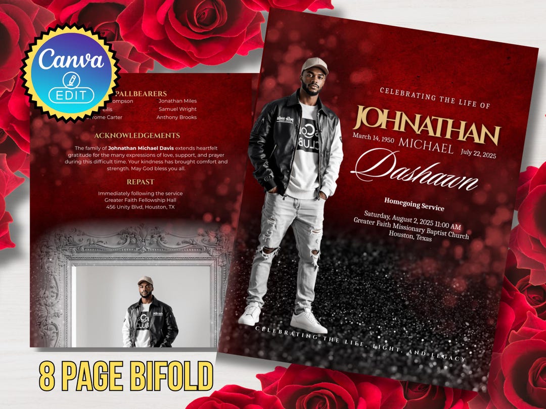 Red Diamond Funeral Program Obituary Template (8.5x11, 8 Page Canva) - Etsy