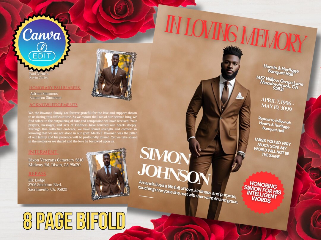Funeral Program Template: Brown & Red Obituary (8.5x11, Canva, Digital ...