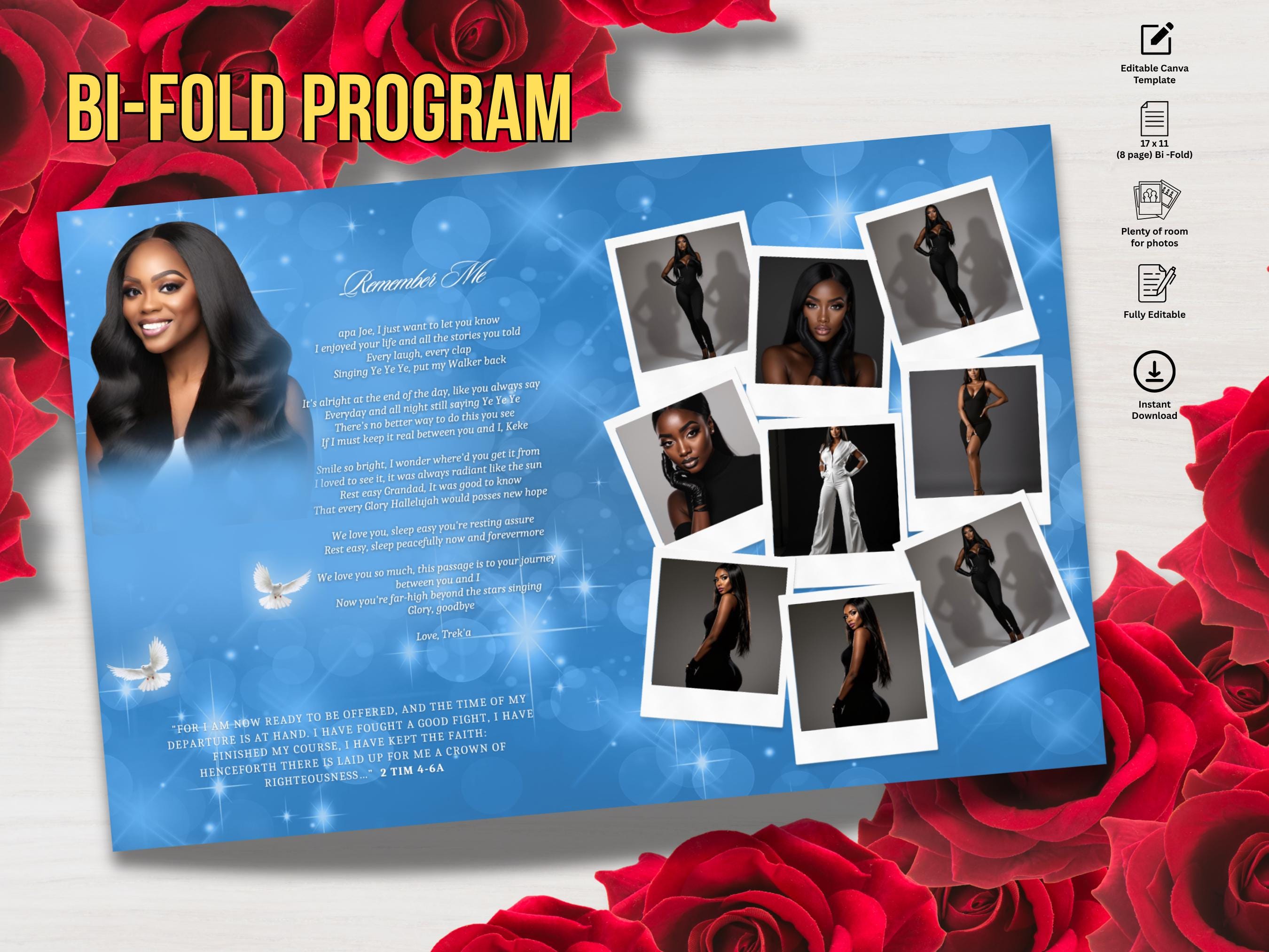 Blue & Silver Funeral Program Template: Celebration of Life (canva, 8 ...