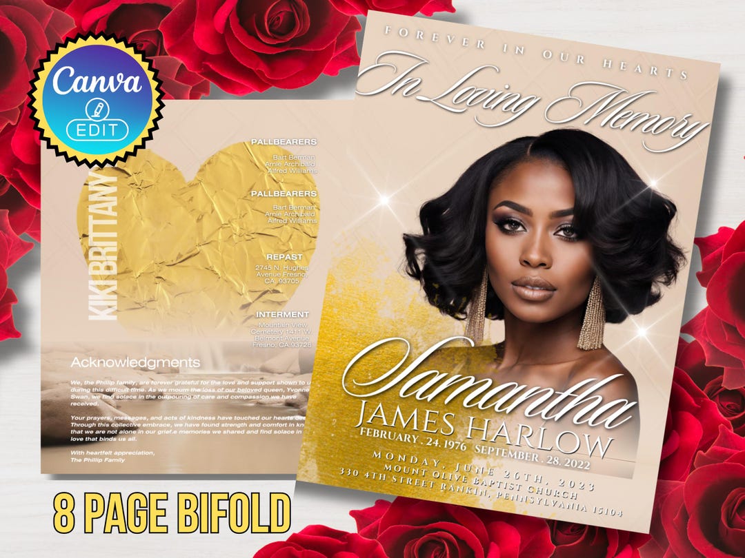 Beige Gold Leaf Funeral Program Template: Celebration of Life (canva, 8 ...