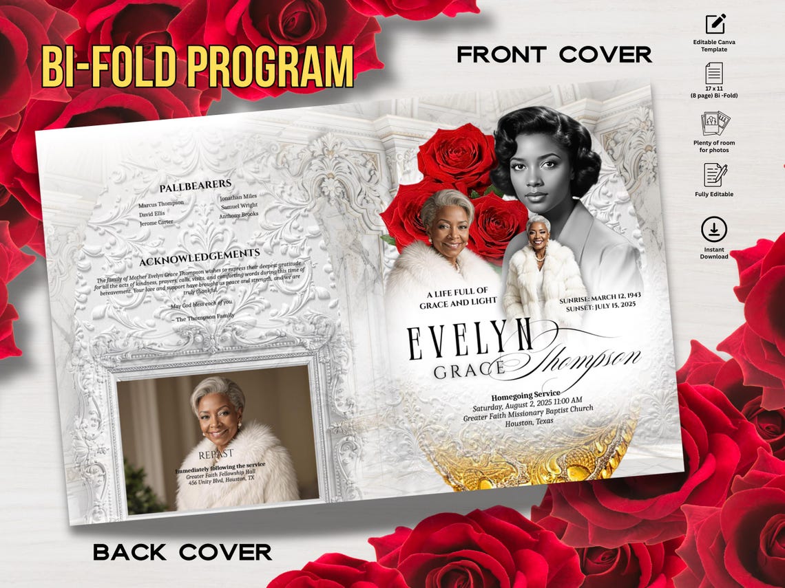 Funeral Program Template: Red Obituary, Celebration of Life (canva, 8 ...