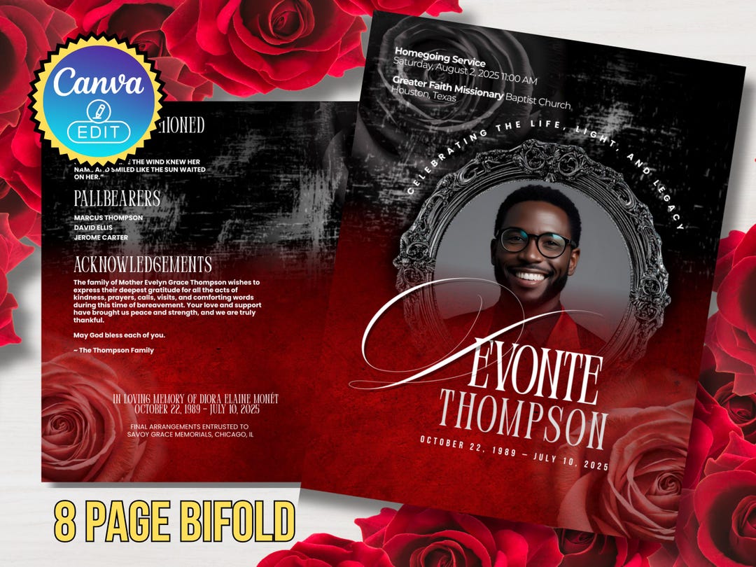 Red & Black Funeral Program Template: Celebration of Life (8.5x11 ...