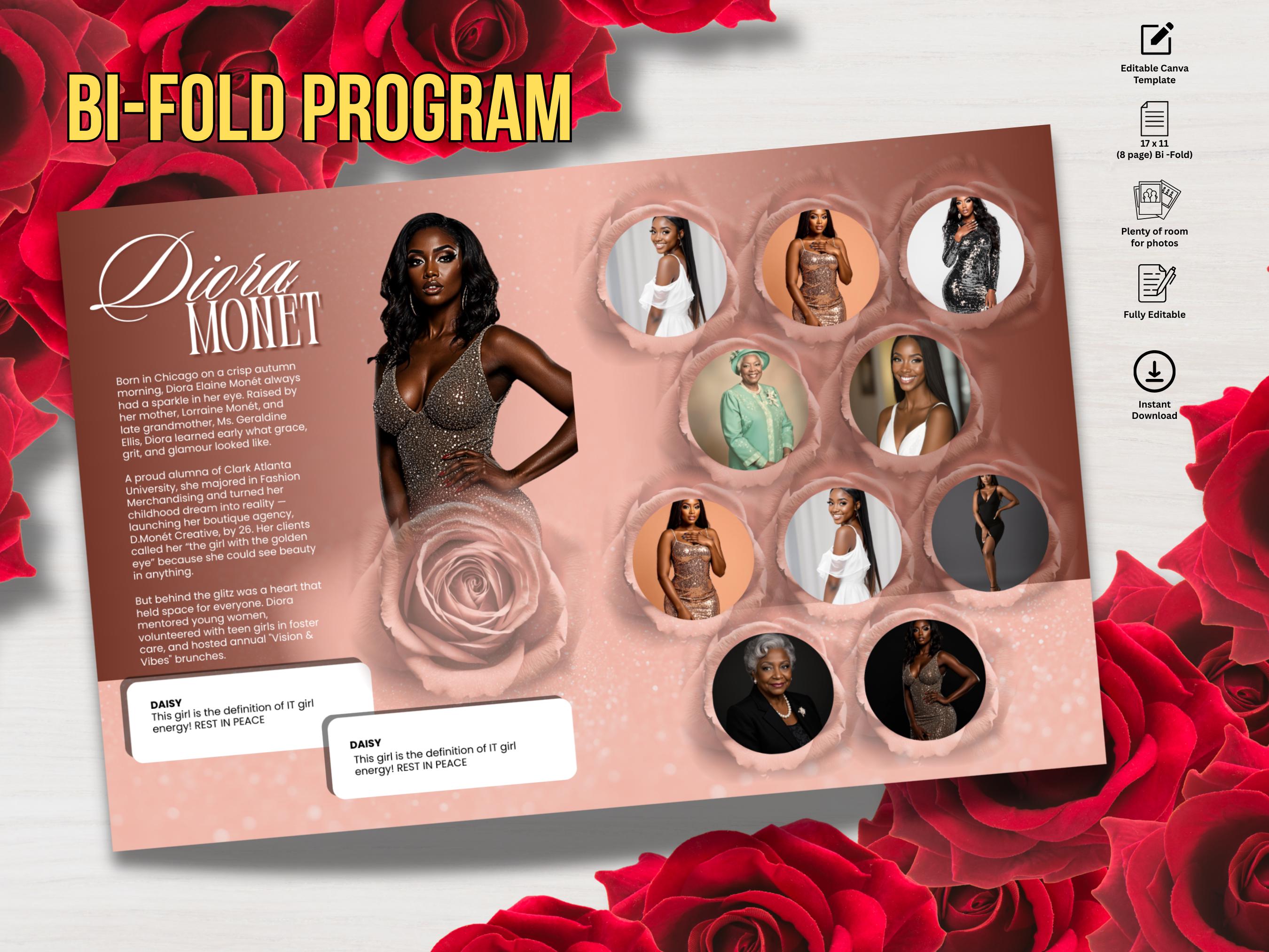 Pink Rose Funeral Program Template: Elegant Obituary (canva, 8.5x11 ...