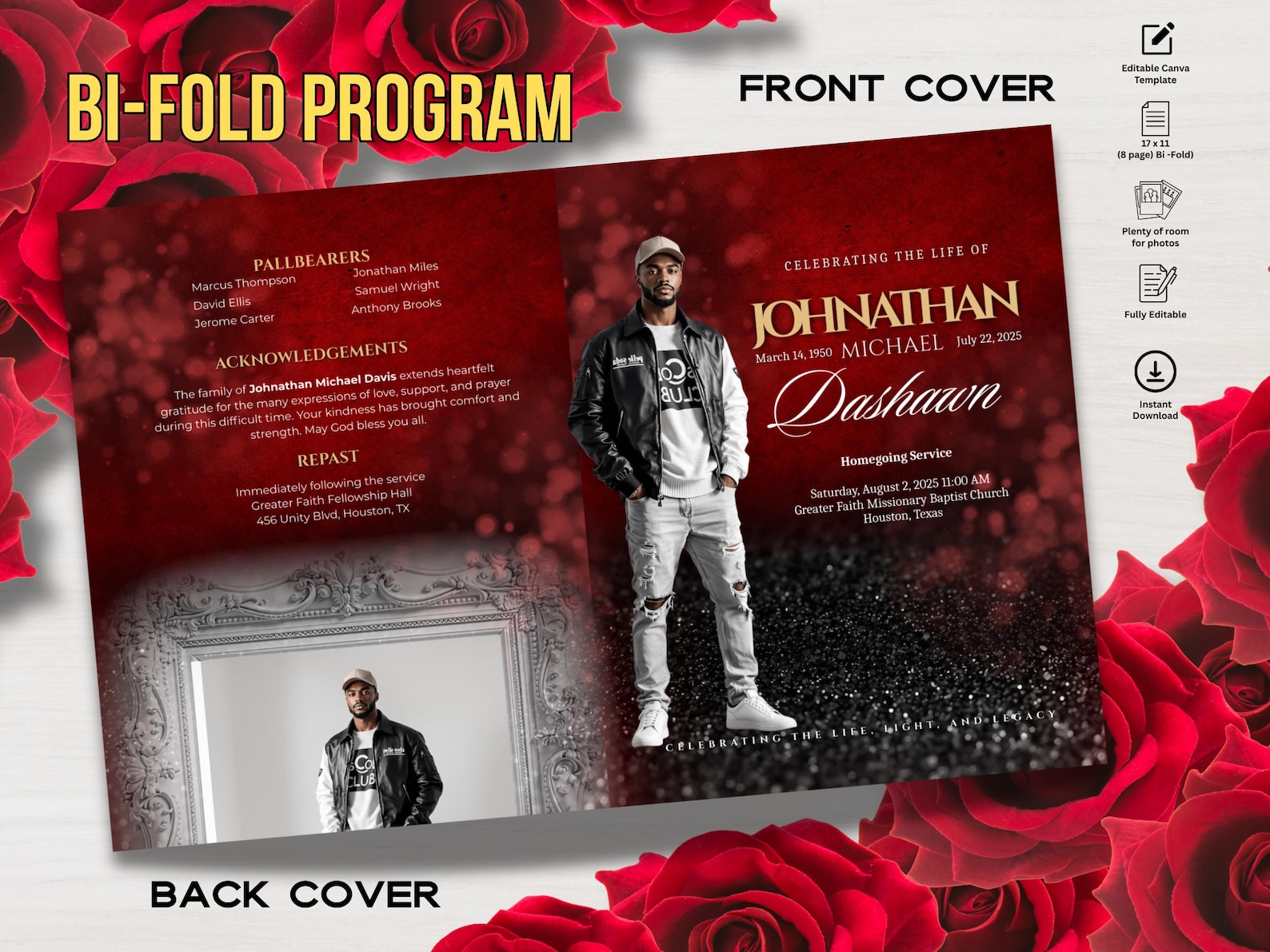 Red Diamond Funeral Program Obituary Template (8.5x11, 8 Page Canva) - Etsy