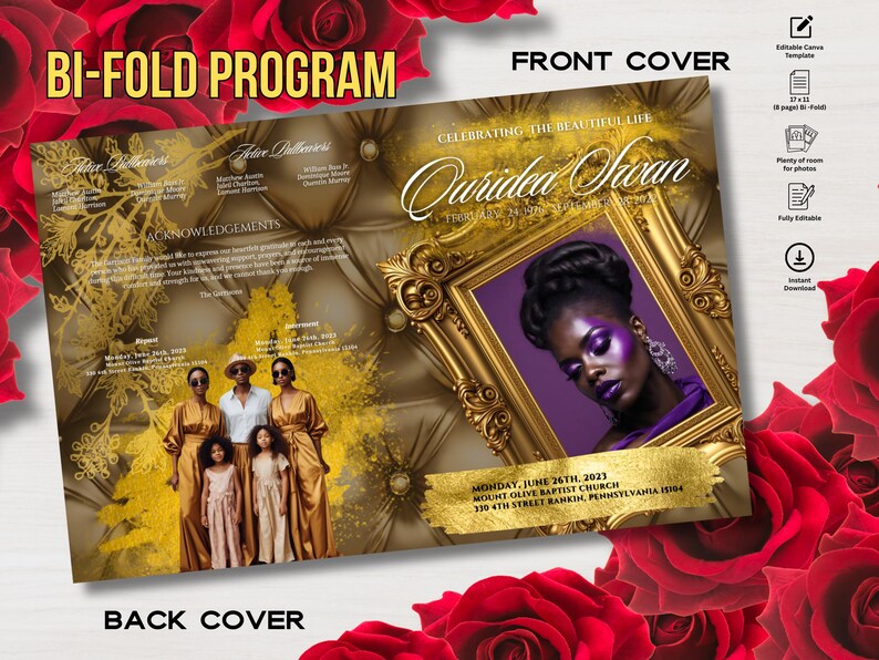 Funeral Program Template: Brown and Gold Frame Obituary, Celebration of ...