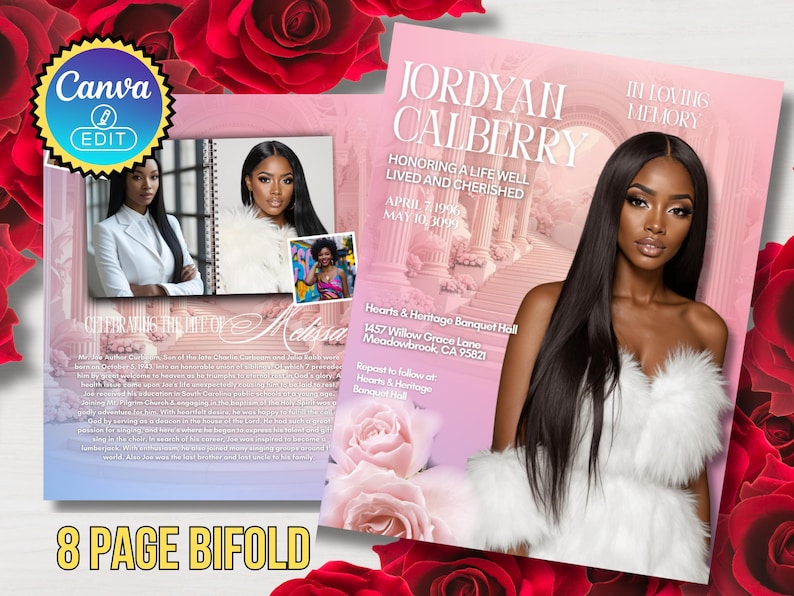 Canva Funeral Program Template: Pink & Blue Obituary (8.5x11, 8-page ...