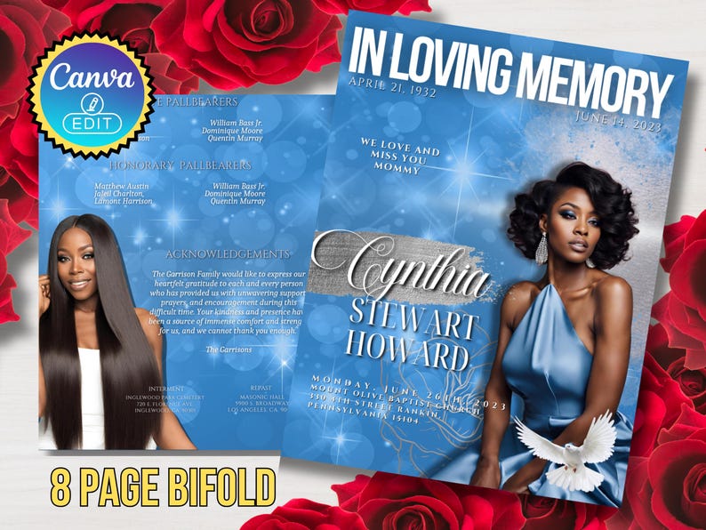 Blue & Silver Funeral Program Template: Celebration of Life (canva, 8 ...