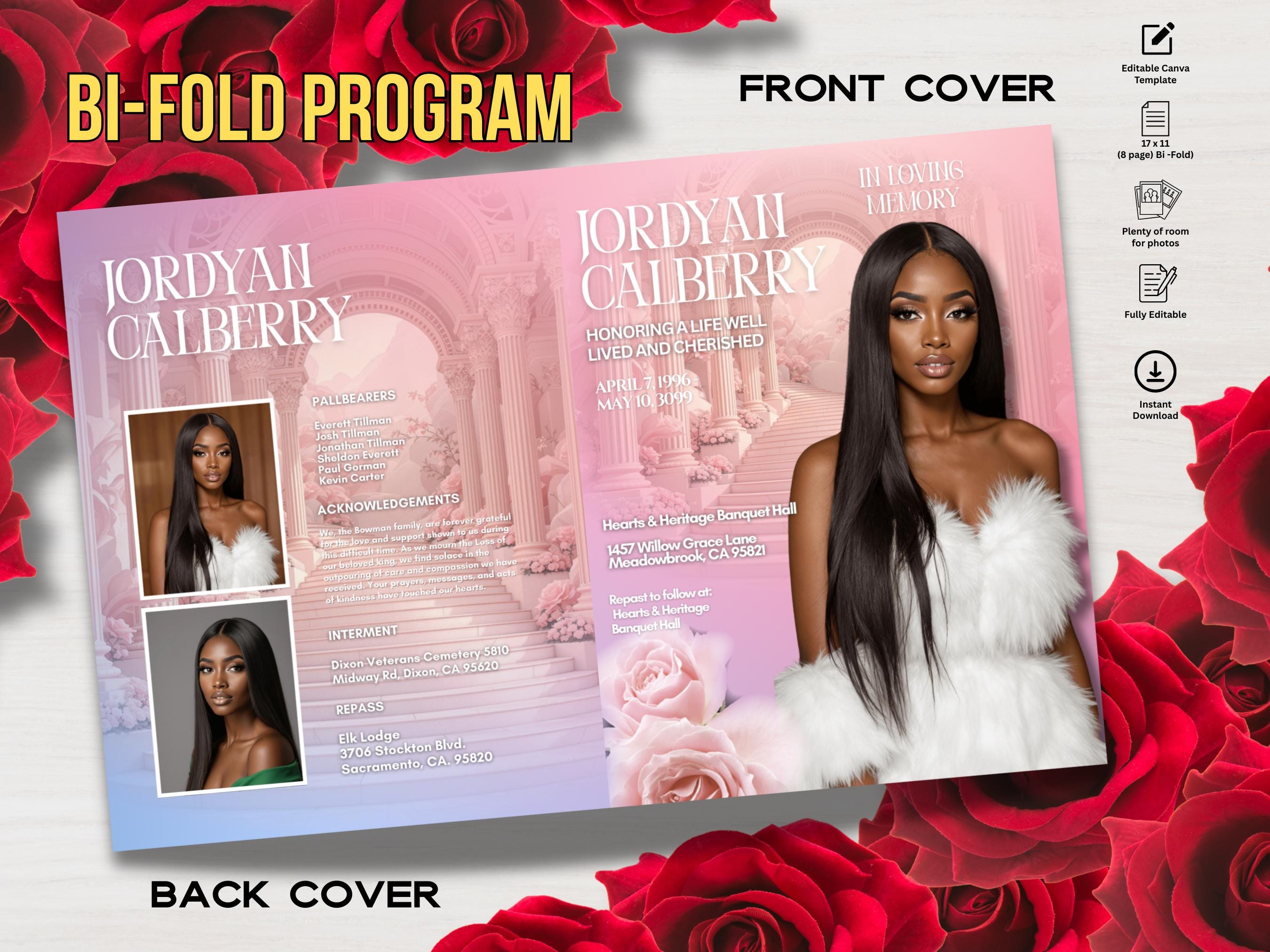 Canva Funeral Program Template: Pink & Blue Obituary (8.5x11, 8-page ...
