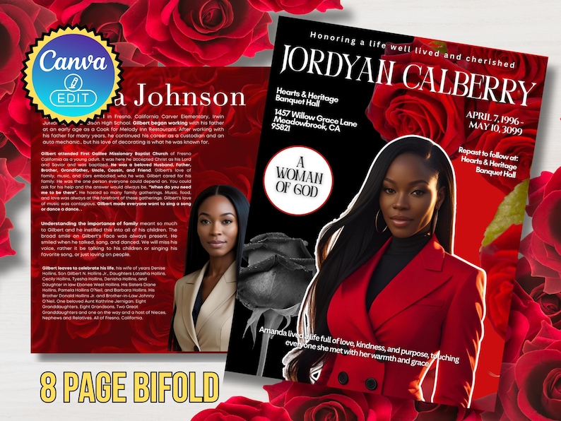 Red & White Funeral Program Template: Elegant Celebration of Life (8 ...
