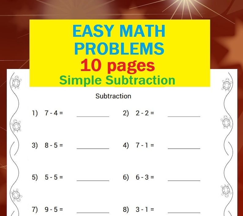 Printable 10 Pages Easy Simple Subtraction Math Problem Worksheet With ...