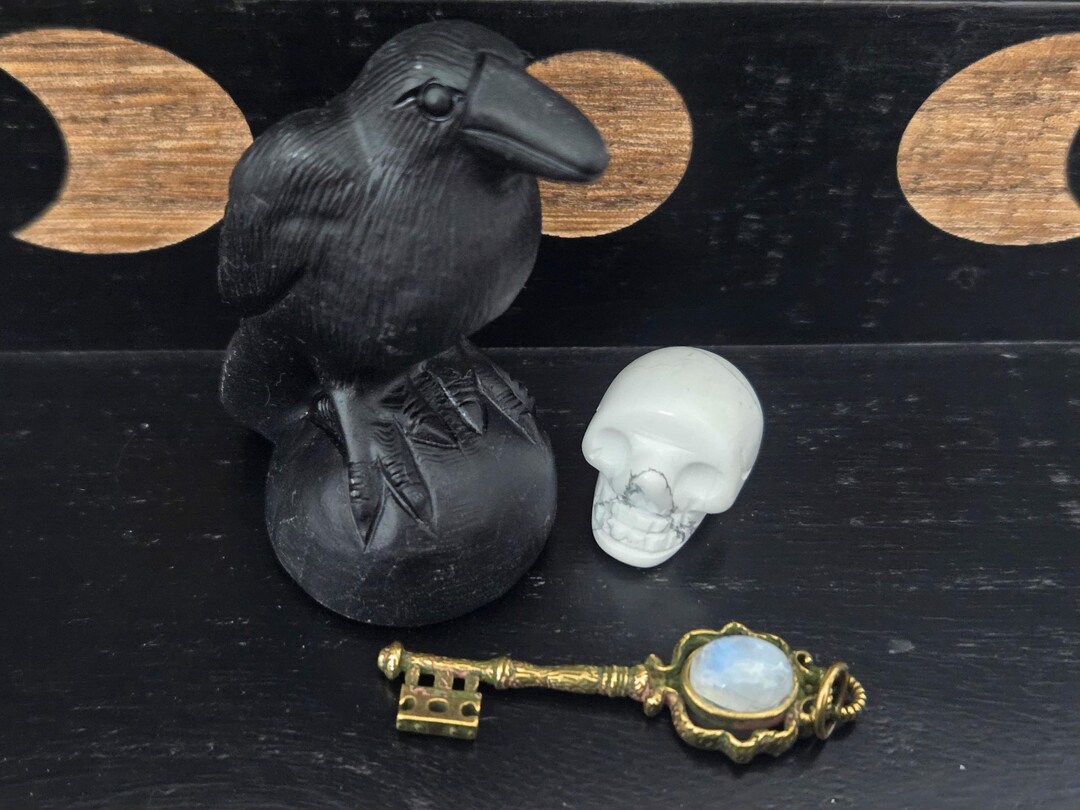 Gothic Gem Set - Obsidian Raven + Moonstone Key Pendant + Howlite Skull ...