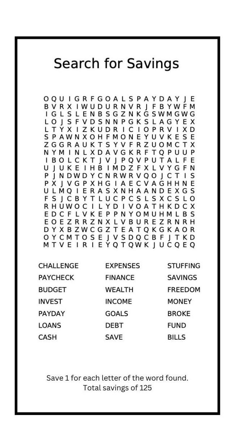 Word Search Savings Challenge Game Cash Envelope, Budgeting - Etsy