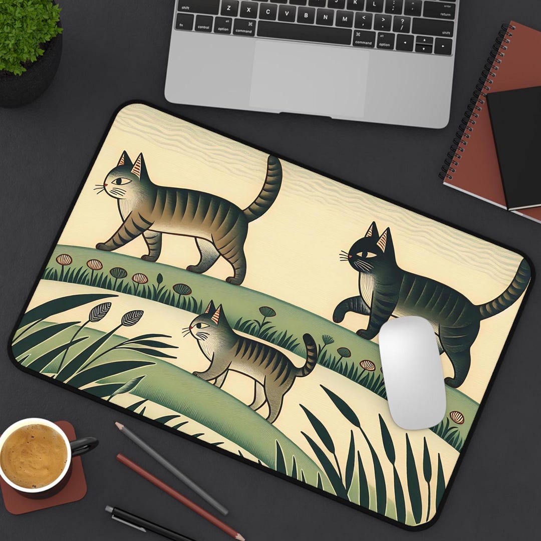 Cats Desk Mat Folk Large Mouse Pad Vintage Style Desk Pad Cute Desk Mat ...