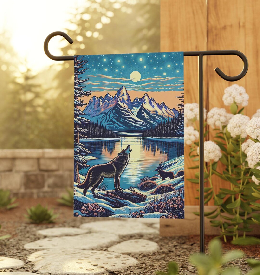 Wolf Howling at Moon Garden & House Banner, Winter Starry Night Scene ...