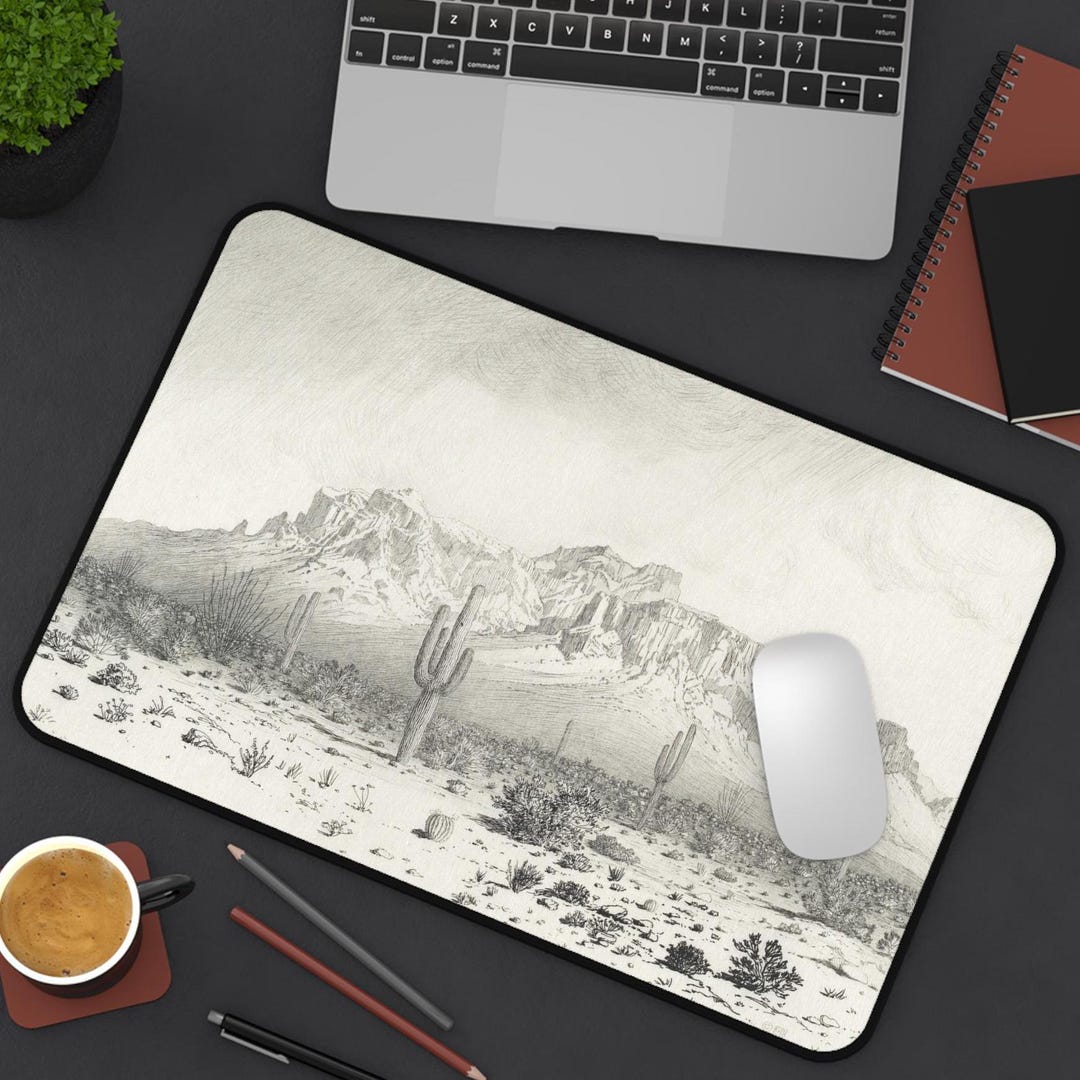 Desert Desk Mat Landscape Keyboard Mat Black and White Drawing Desk ...