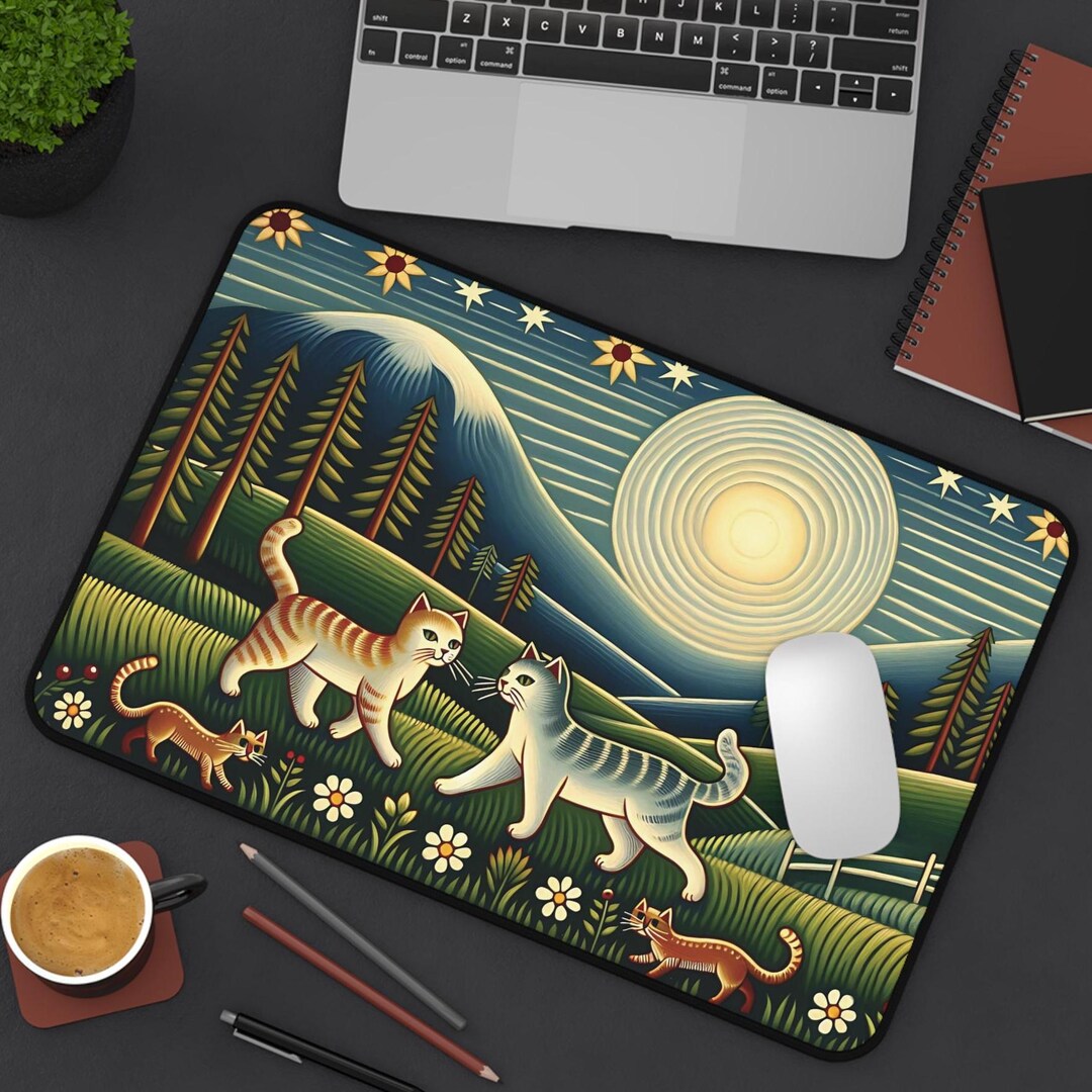 Cats Desk Mat Large Mouse Pad Folk Art Vintage Style Desk Accessory ...
