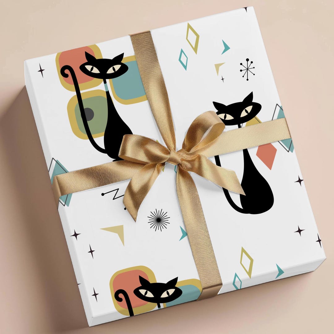 Atomic Cat Wrapping Paper, Mid Century Modern Black Cat Gift Wrap for ...