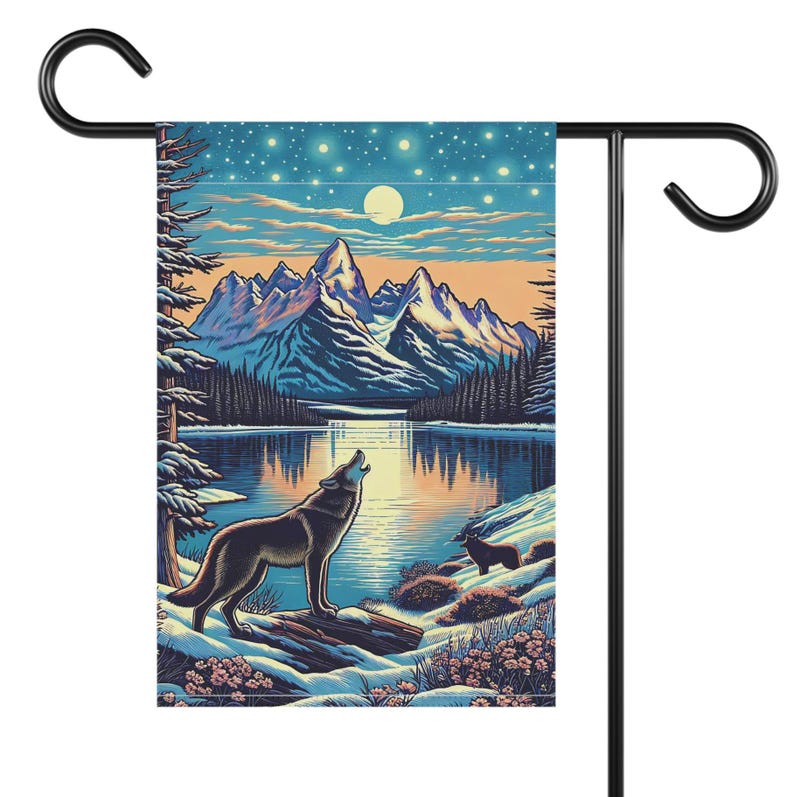 Wolf Howling at Moon Garden & House Banner, Winter Starry Night Scene ...