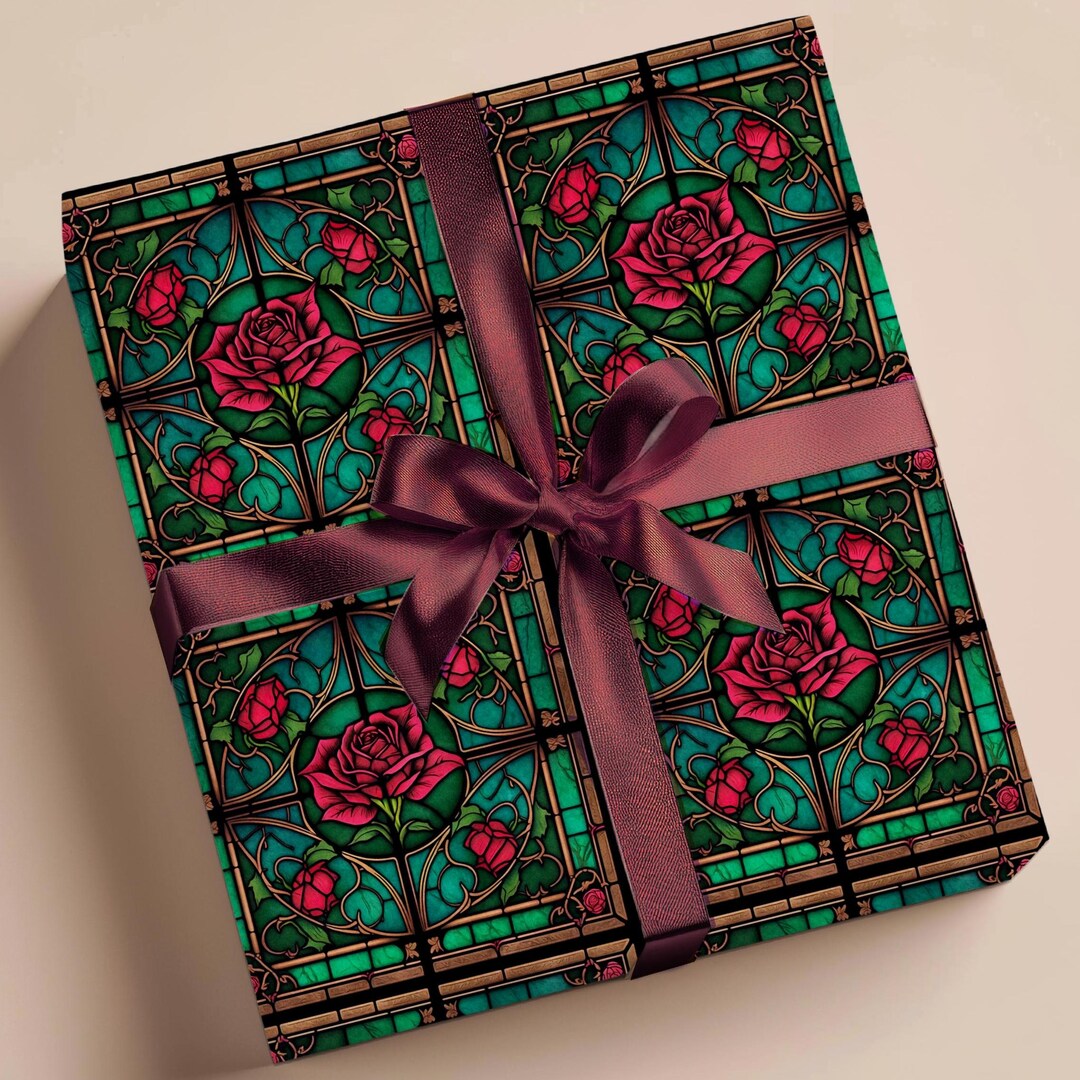 Rose Stained Glass Wrapping Paper, Dark Academia Floral Art Print Gift ...