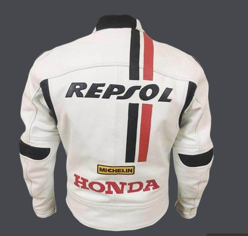 Men Honda Repsol Gas White Motorcycle Cowhide Racing Leather Jacket Ce ...