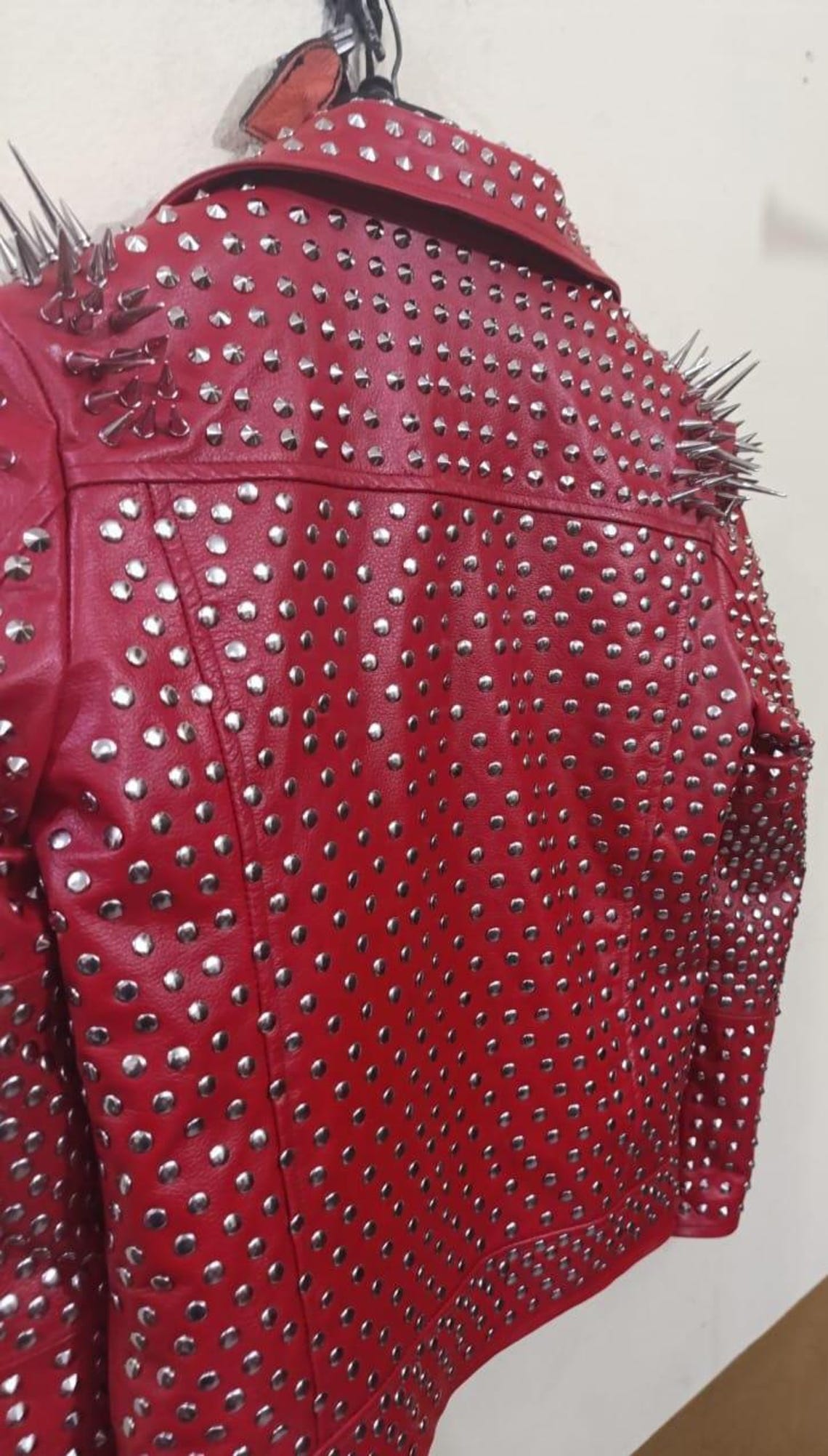 Handmade Men Red Studded Leather Jacket Motorcycle & Rocker Jacket ...