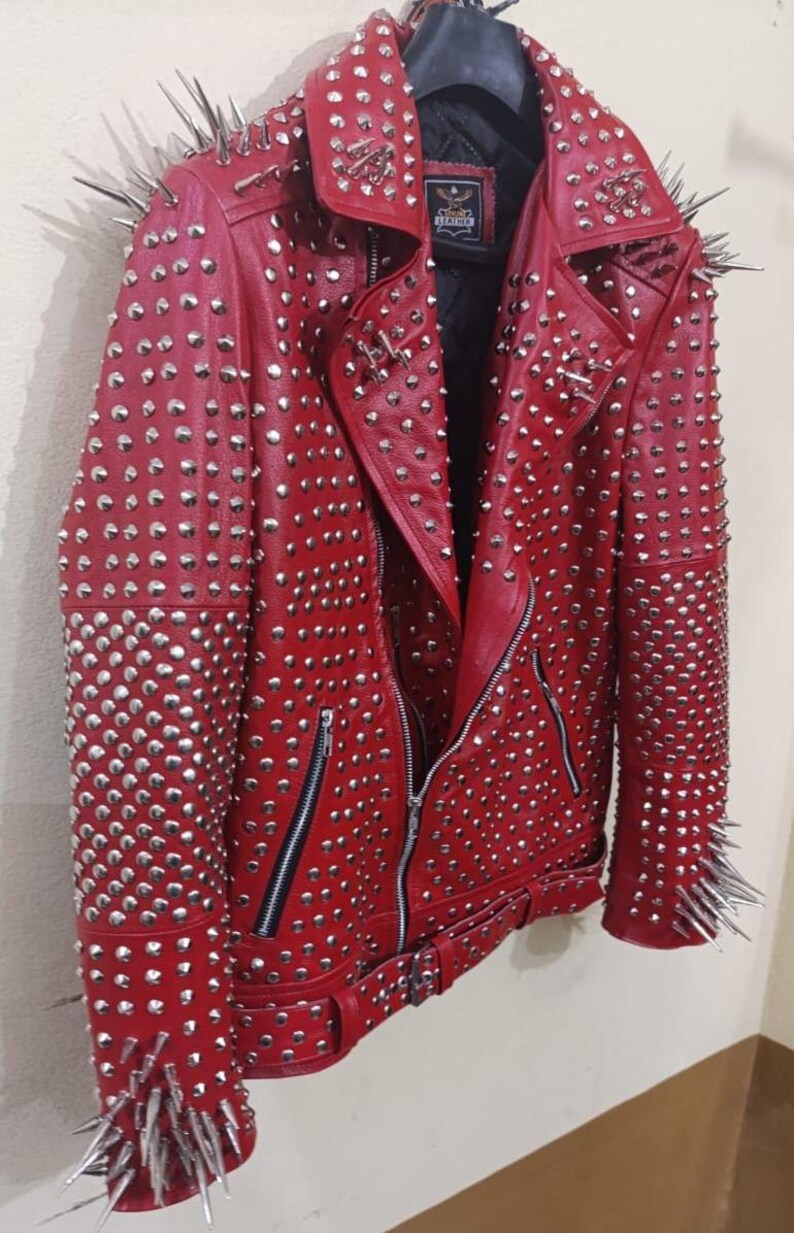 Handmade Men Red Studded Leather Jacket Motorcycle & Rocker Jacket ...