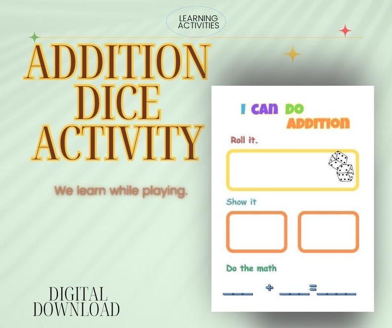 Math Addition Worksheet, Math Game, Addition Dice Activity, Learning ...