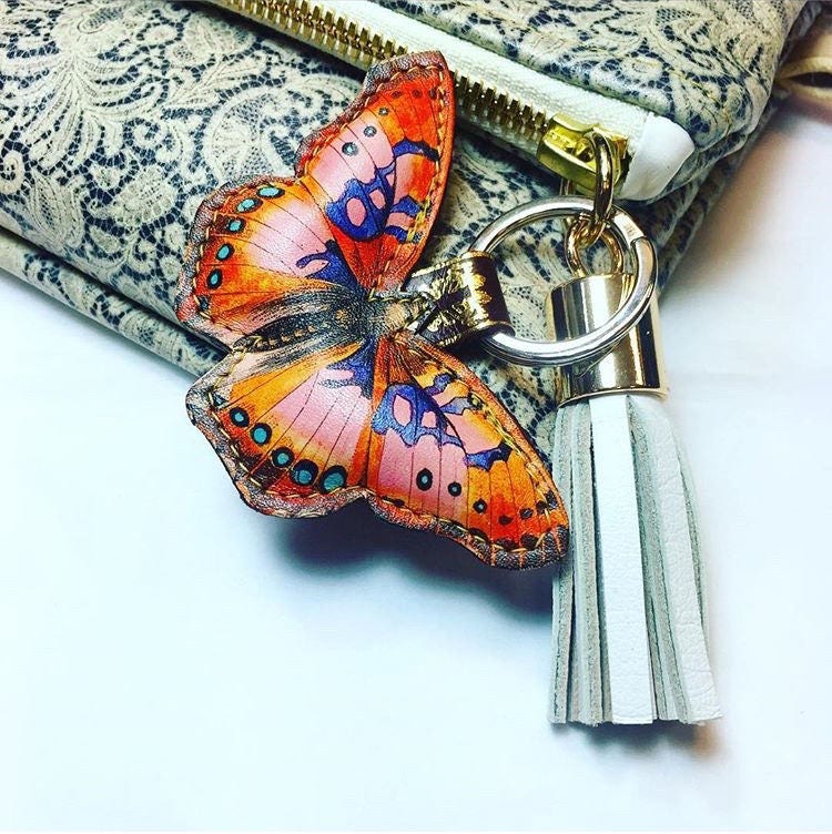 Leather Butterfly Keychain / Key Ring / Bag Charm - Pink Cocktail ...