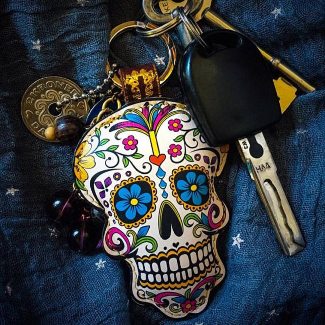 Leather Sugar Skull, Day of the Dead, Dia De Muertos Keychain, Keyring ...