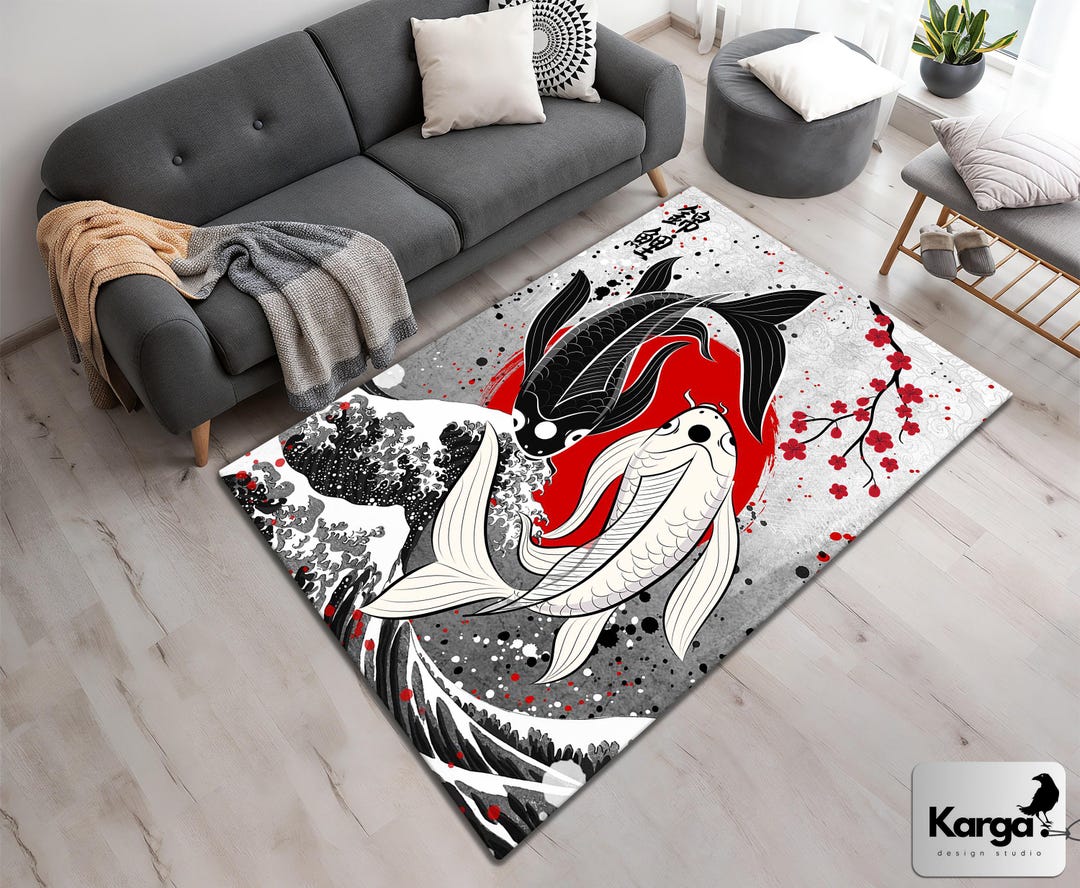 Gold Fish Rug, Japanese Fish Pattern Rug, Japanese Rug, Yin and Yang ...