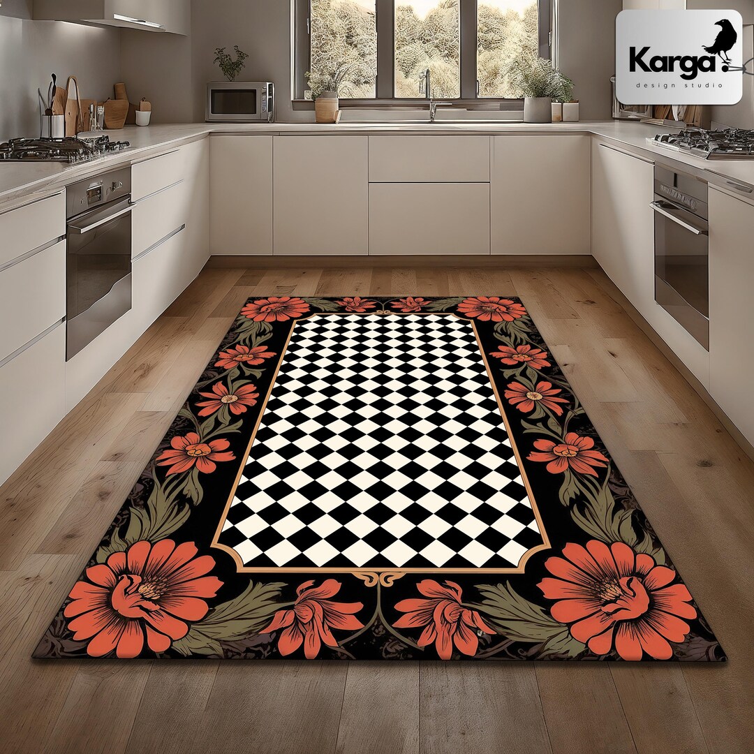 Checkered Rug, Black Border on Floral Pattern Nonslip Area Rug, Black ...