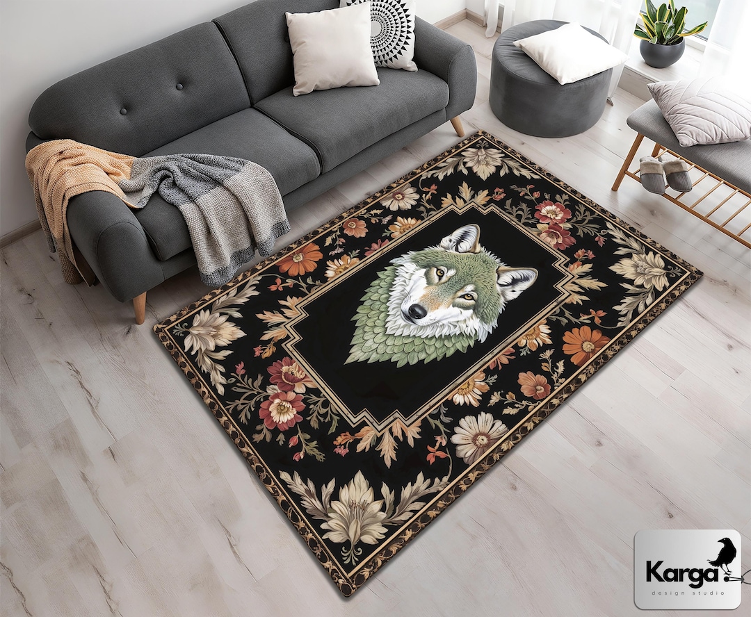 Floral Colorful Wolf Rug for Moody Room Decor, Maximalist Dark Rug for ...